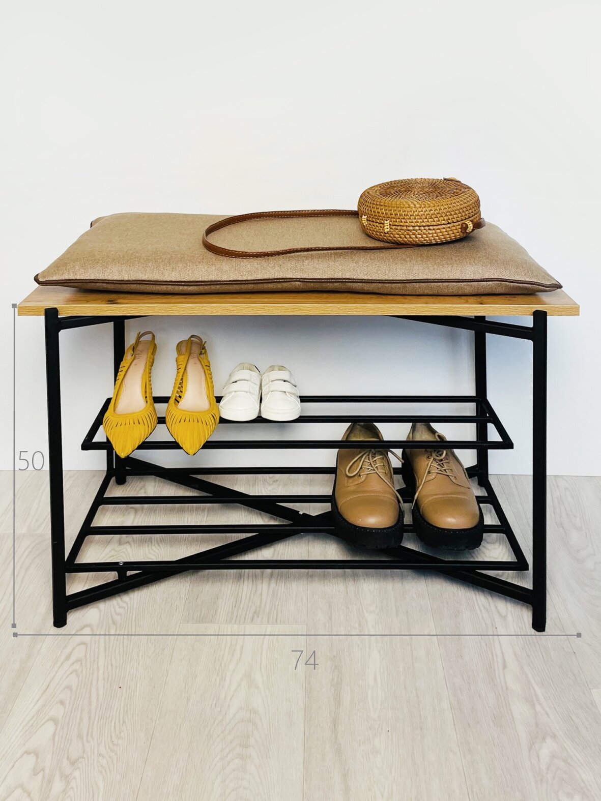 Обувница Без спинки в прихожую с сиденьем лофт металлическая узкая, бежевая на чёрном без-БЧ