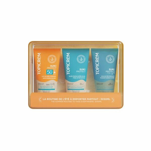 Набор Sun Protect Topicrem/Топикрем: Молочко солнцезащитное SPF50+ туба 50мл+Желе против загара 50мл+Гель для душа 50мл