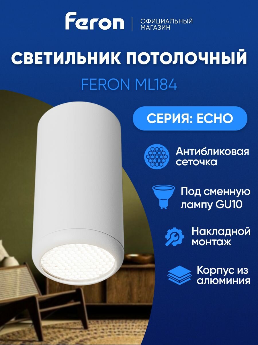 Светильник потолочный GU10 / Спот с антибликовой сеточкой / белый Feron ML184 Barrel ECHO 48393