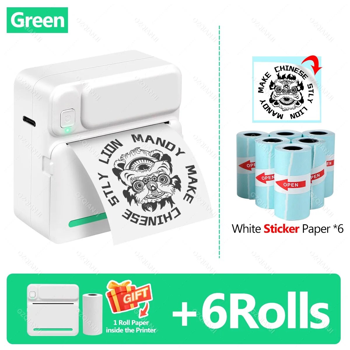 Портативный мини-принтер 58 мм, термальный 57 мм Карманный принтер для этикеток, Bluetooth Android IOS APP, принтер для стикеров без чернил для дома и офиса, Green 6WH Sticker