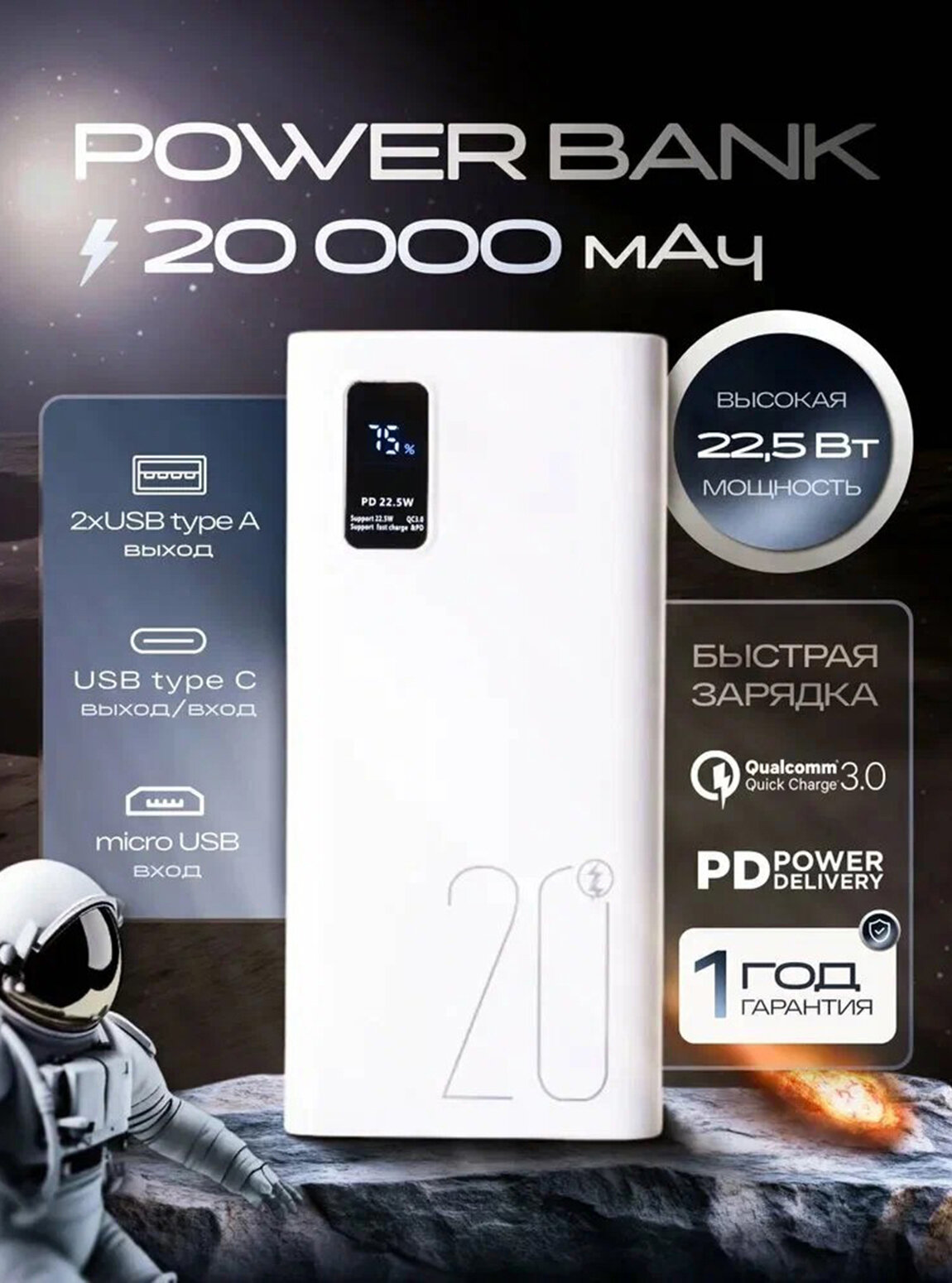 Повербанк Powerbank 20000mah с быстрой зарядкой для айфона, пауэрбанк для телефона, белый