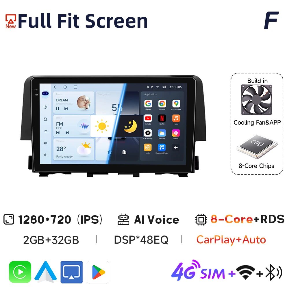 Для Honda Civic 10 2016 2017 2018 2019-2021 Android 14 Carplay Авто Авто Радио Мультимедийный Видеоплеер Навигация GPS 4G WIFI F 8CORE (2 32G)