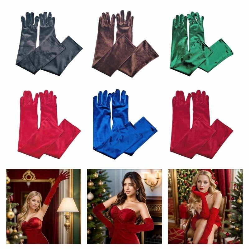 Женские теплые длинные перчатки из золотистого бархата темно-зеленого цвета