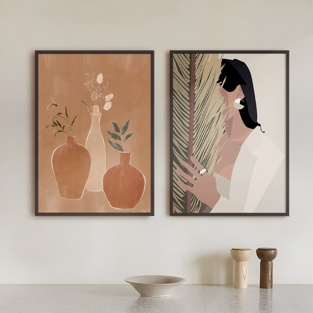 Постер 2 шт 30х40 без рамки "Девушка с пальмовым листом" набор картин для интерьера