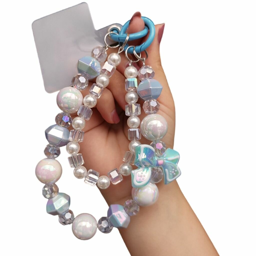 Брелок, Брелок для телефона с бусинами и бантиком-синий