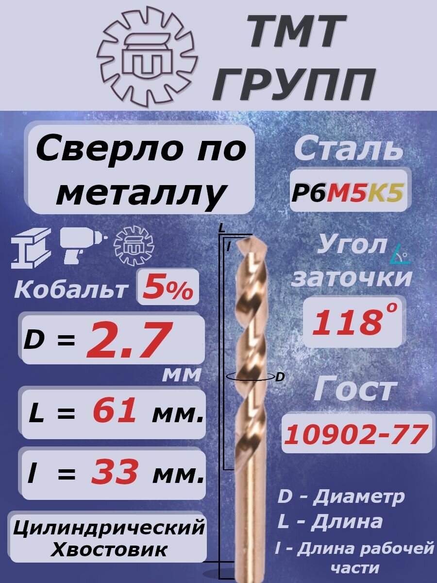 Сверло по металлу, цилиндрический хвостовик, ц/х, кобальтовое сверло, 2.7 Р6М5К5 ТМ*