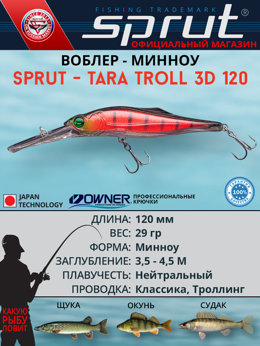 Воблер Sprut Tara Troll 3D Suspending/120mm/29g/3,5-4,5m/RP-3D