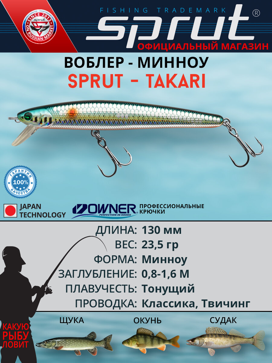 Воблер Sprut Takari Sinking/130mm/23,5g/0,8-1,6m/SMLT-SC