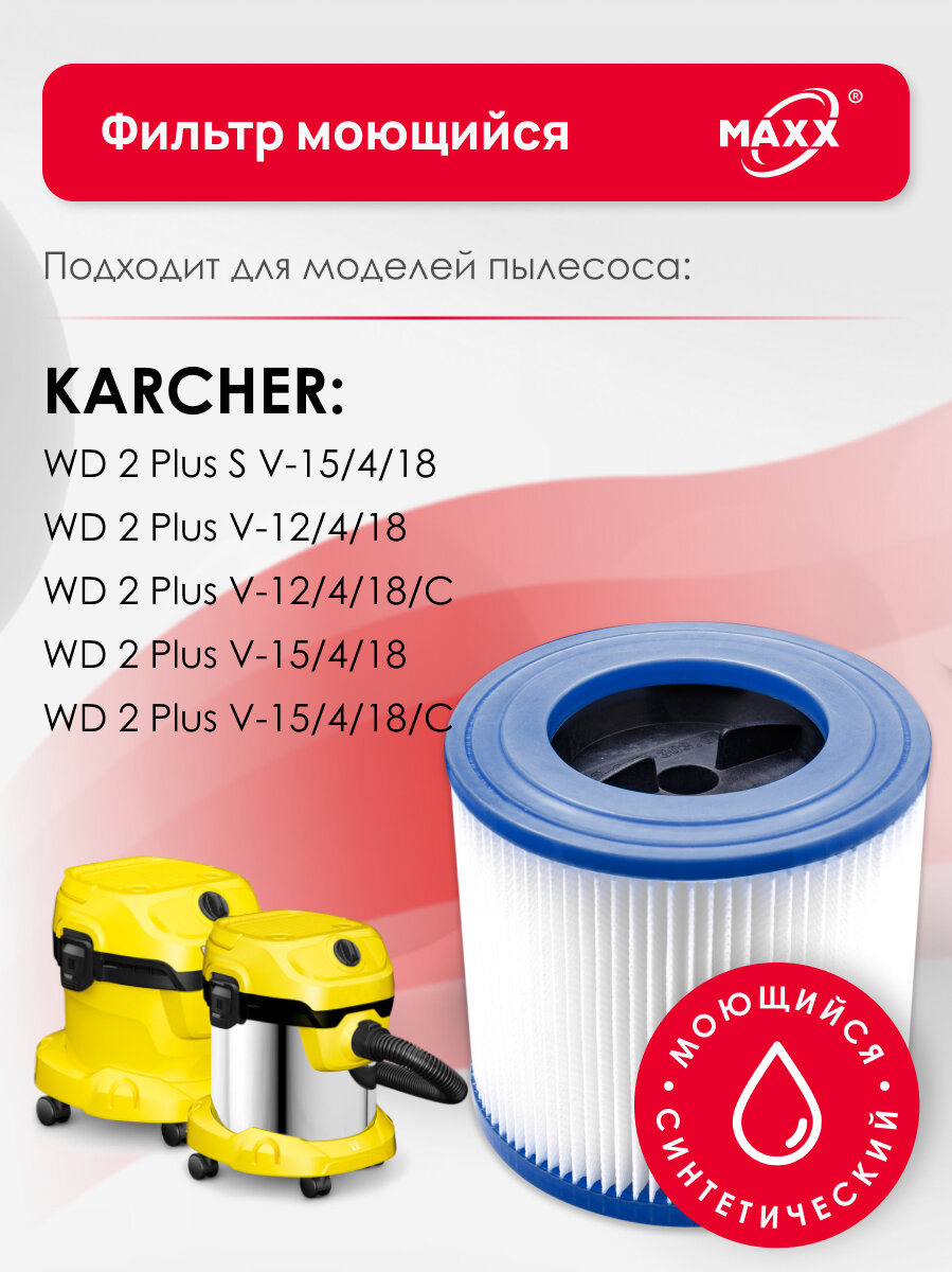 Патронный фильтр MAXX синтетический, моющийся для пылесоса Karcher WD 2 Plus V-12/4/18, S V-15/4/18, V-15/4/18