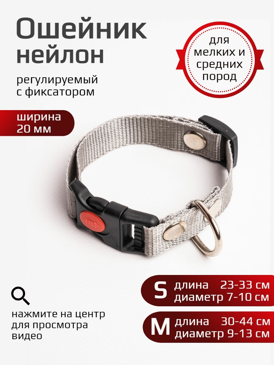 Ошейник Хвостатыч для собак с регулируемым фиксатором нейлон 20 мм, (серый) размер S