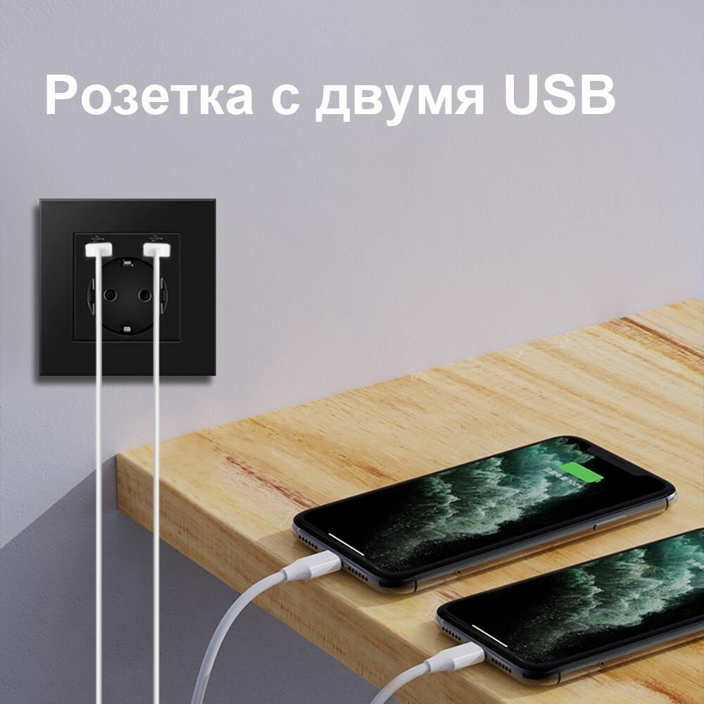 Розетка с USB ЮСБ - портами с заземлением, Чёрный