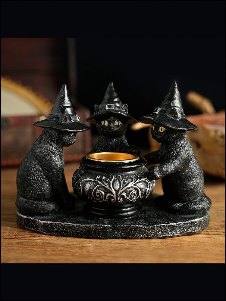 Подсвечник "Черная кошка", смола, черный, 17см х 10,5см х 12см