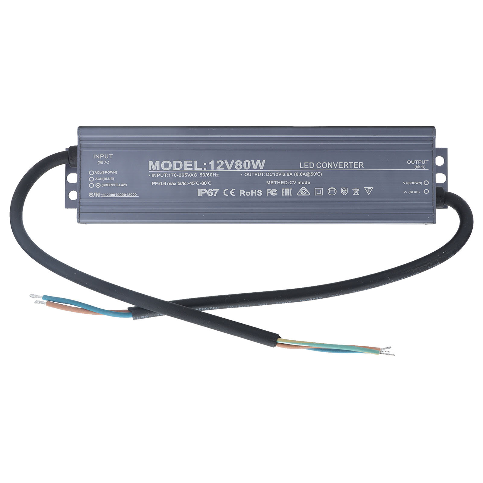 Водонепроницаемый трансформатор питания 12 В, 6,6 А, светодиодный драйвер AC170-265V в DC12V, водонепроницаемый преобразователь напряжения IP67 для наружного освещения
