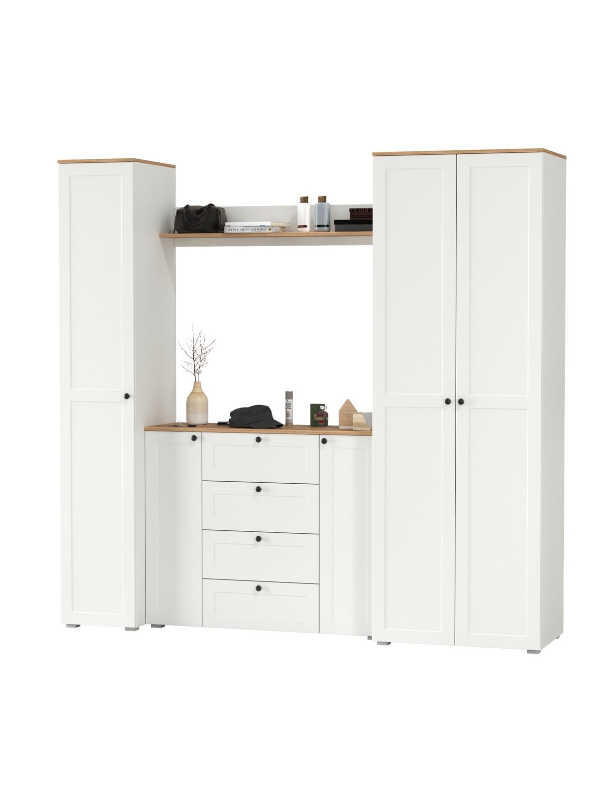 Шкаф и шкаф-пенал с комодом и полкой Остин для прихожей, белый шагрень/дуб крафт золотой, 240х54,3х229,6 см.