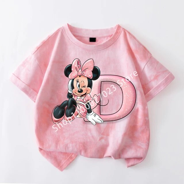 Футболка с короткими рукавами и принтом букв Минни Маус для мальчиков и девочек Диснея в стиле тай-дай. Футболка с круглым вырезом. Милые подарки для детей.