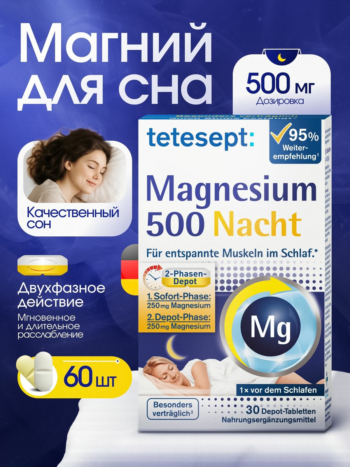 Магний 500 мг, для сна, восстановление, выносливость, Германия, 100 г