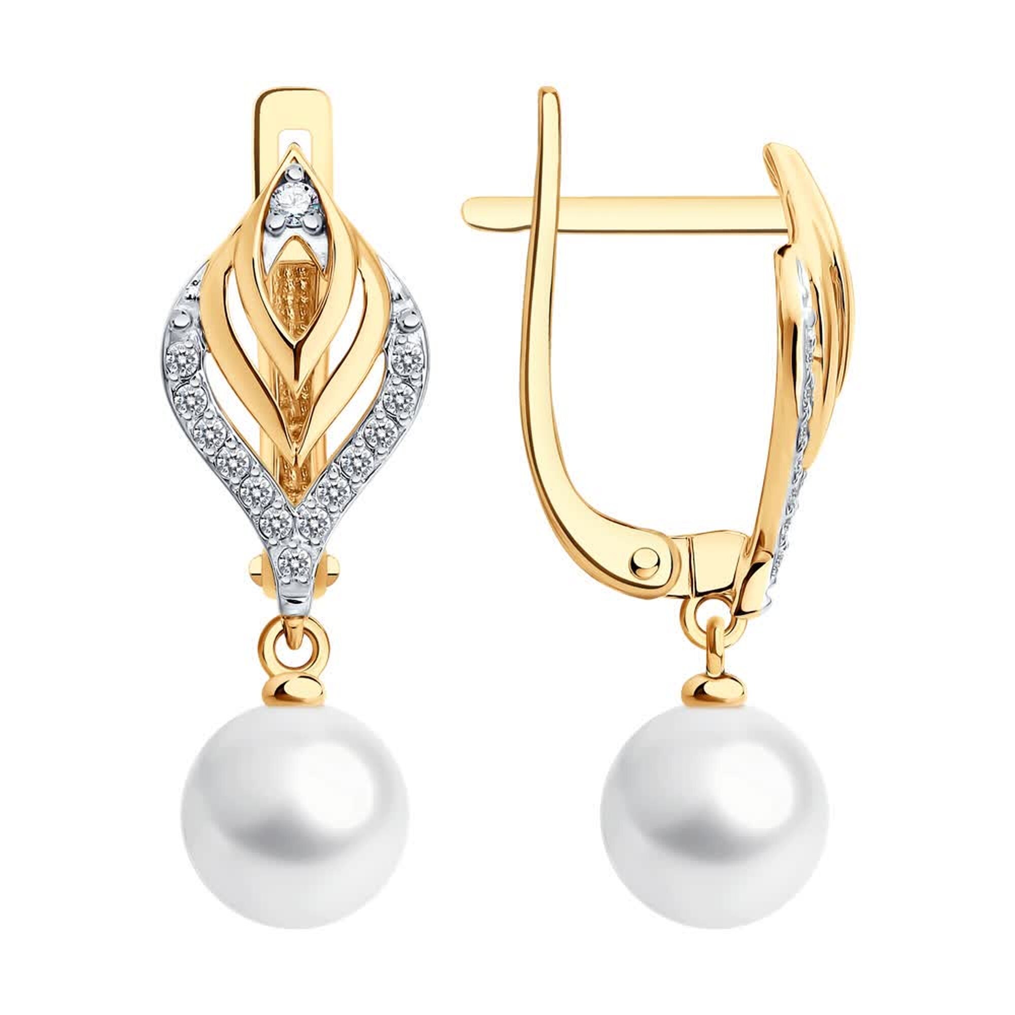 Серьги, красное золото, 585 проба, фианит, жемчуг