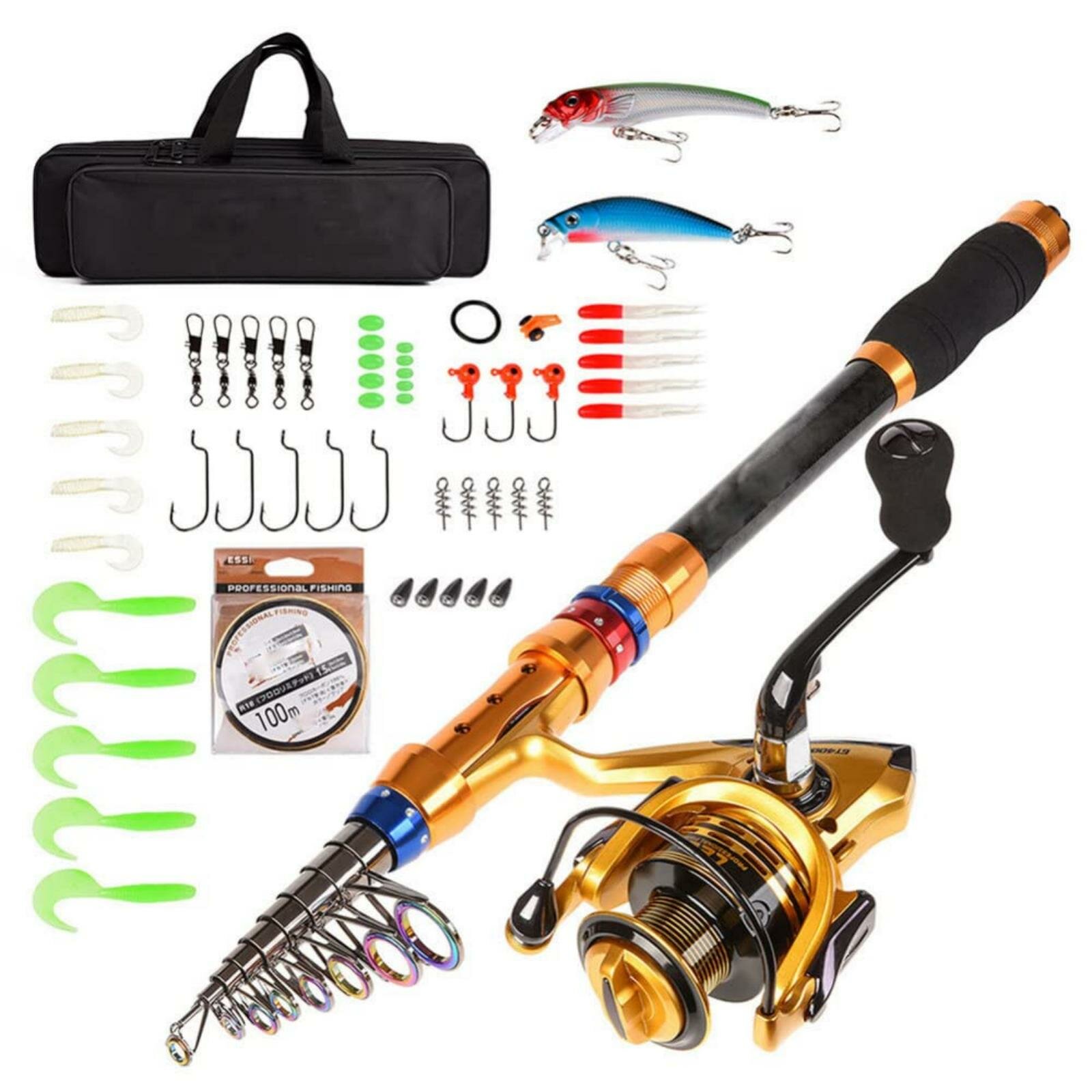 Комплект для рыбалки Fishing Rod Reel Combo Full Kit, телескопическая удочка из углеродного волокна Sea Rod жесткий тонус 2.4 м, 3 м, 3.6 м, цвет по картинке, с катушкой, леской 100 м, приманками, крючками, сумкой и принадлежностями для молодежи и