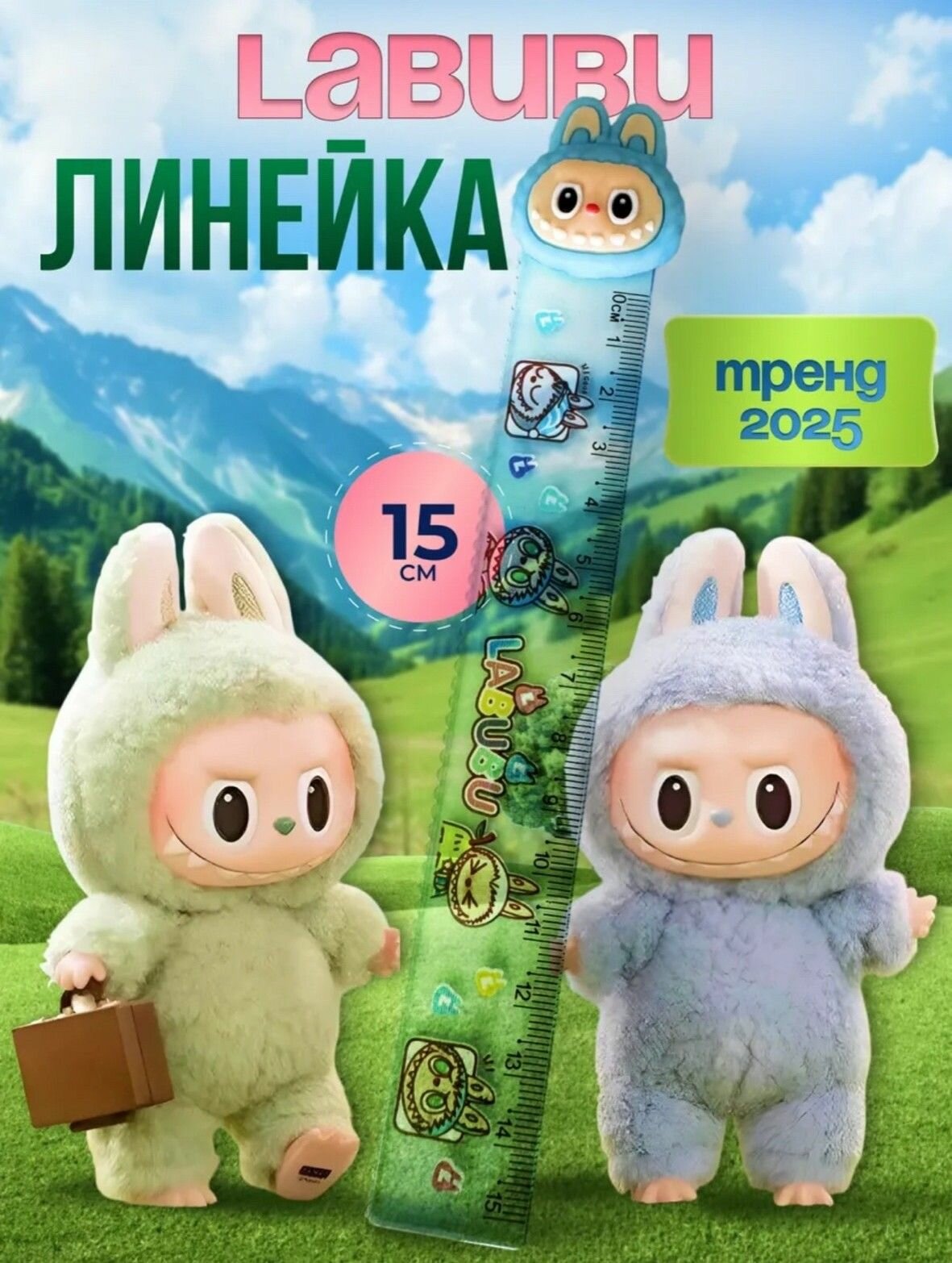 Линейка с фигуркой " Лабубу " 15 см (голубой),1 шт.