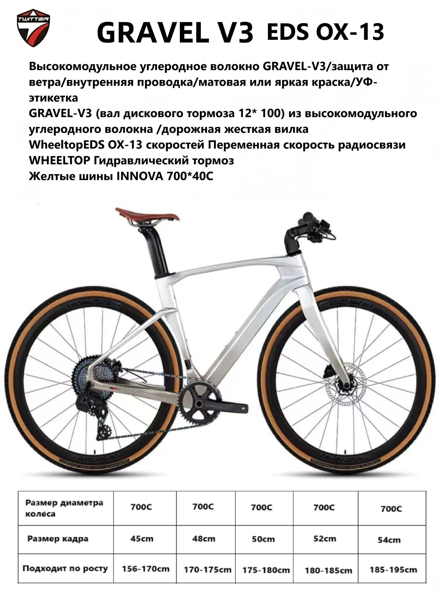 Велосипед Twitter Gravel-V3, карбоновая рама, гравийный, 29", 13 скоростей, откидывающийся на 90° подъемный руль