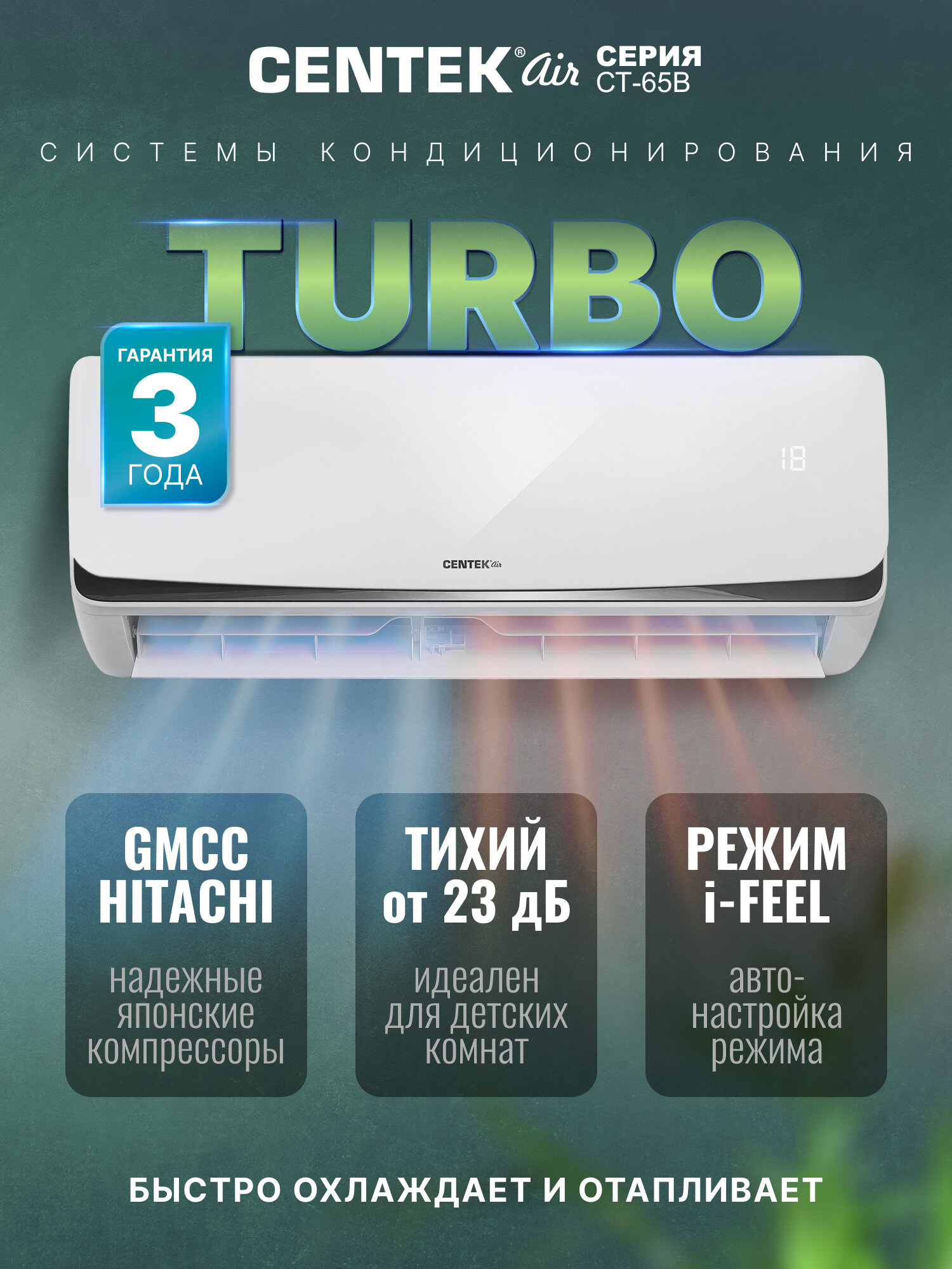 Сплит-система CENTEK CT-65B18, мощный до 55 м2, класс А, GMCC-Toshiba, I-Feel