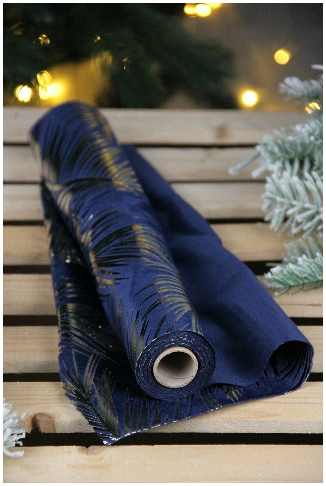 Лента декоративная новогодняя 2.7 м, ширина 36см "Синие листья" для украшения елки, подарков, дома