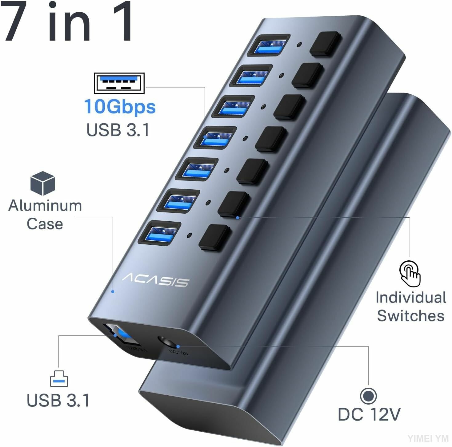 УСБ- б ACASIS с 7 портами USB 3.1 и скоростью передачи данных 10Gbps, алюминиевое корпусо, alimentируемый 24W блоком питания, для ПК/ноутбука, компьютера, флэш-накопителя, принтера, камеры.