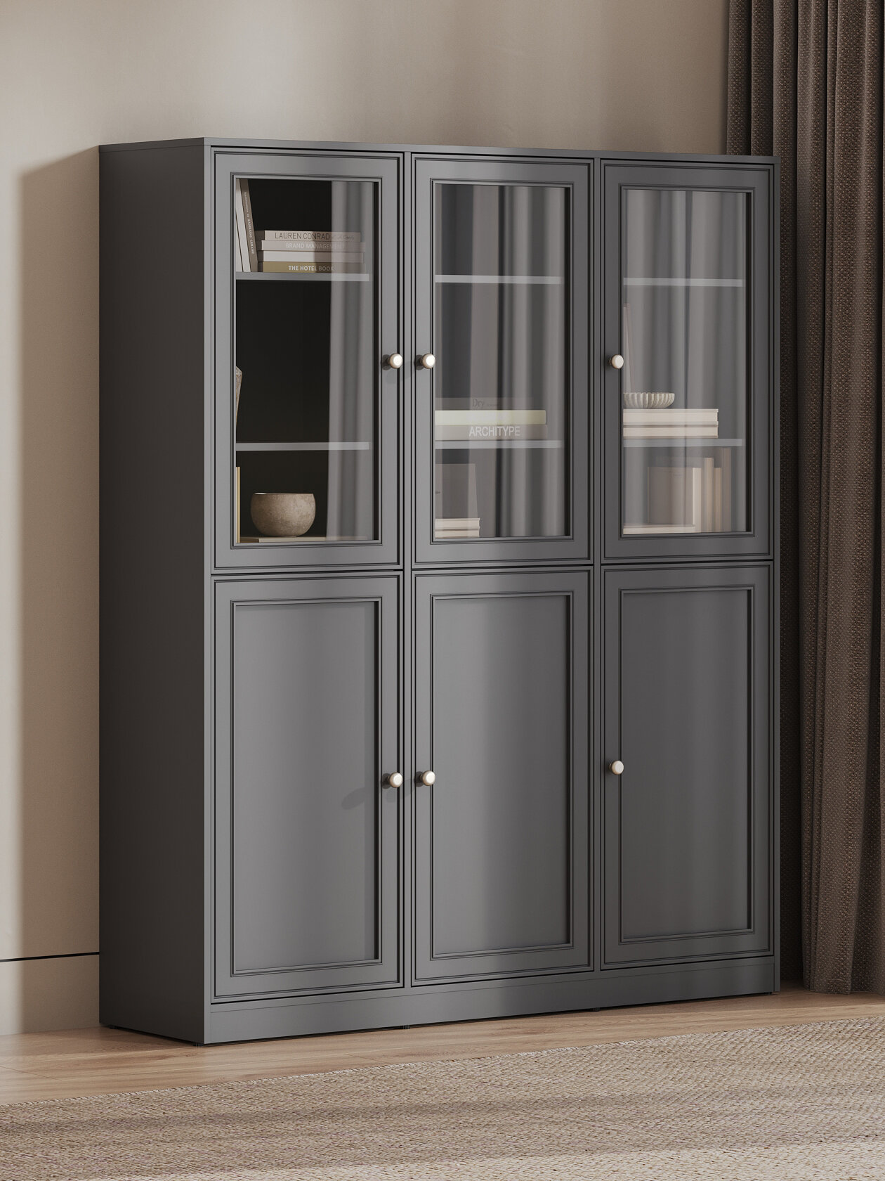 Шкаф-витрина Люсиль 3 двери, с полками, с комбинированным фасадом, 147х40.1х180.6 см, Графит