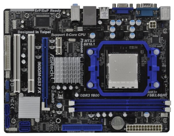 Материнская плата S-AM3+ ASRock 960GM-GS3 FX AMD760/SVGA/DDR3/SATA/SB/LAN/mATX