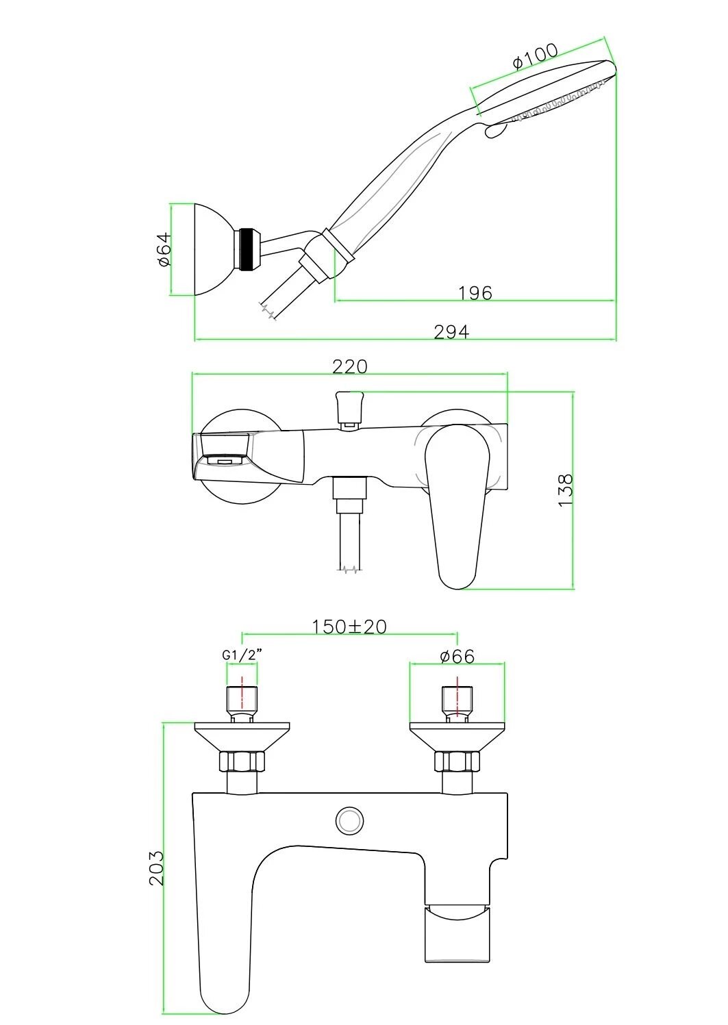 Fiore Kera, однорычажный смеситель для ванны с набором для душа, цвет хром