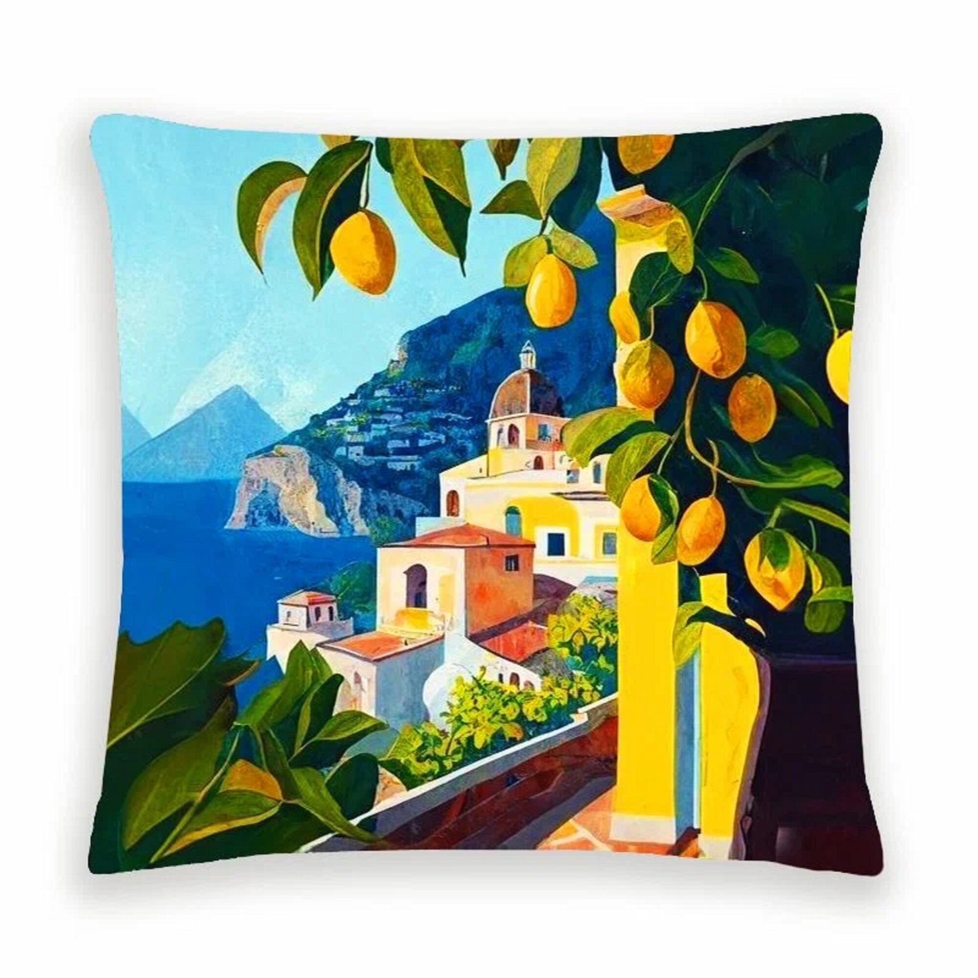 Подушка декоративная Лимоны и море 40х40 велюр