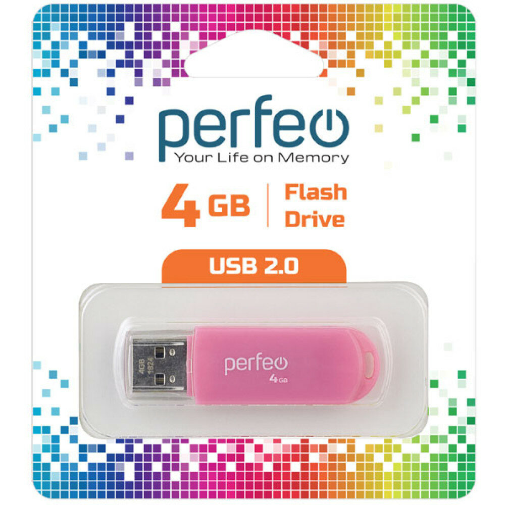 Флешка USB Perfeo, C03, 4 ГБ, съёмный колпачок, розовая, пластик