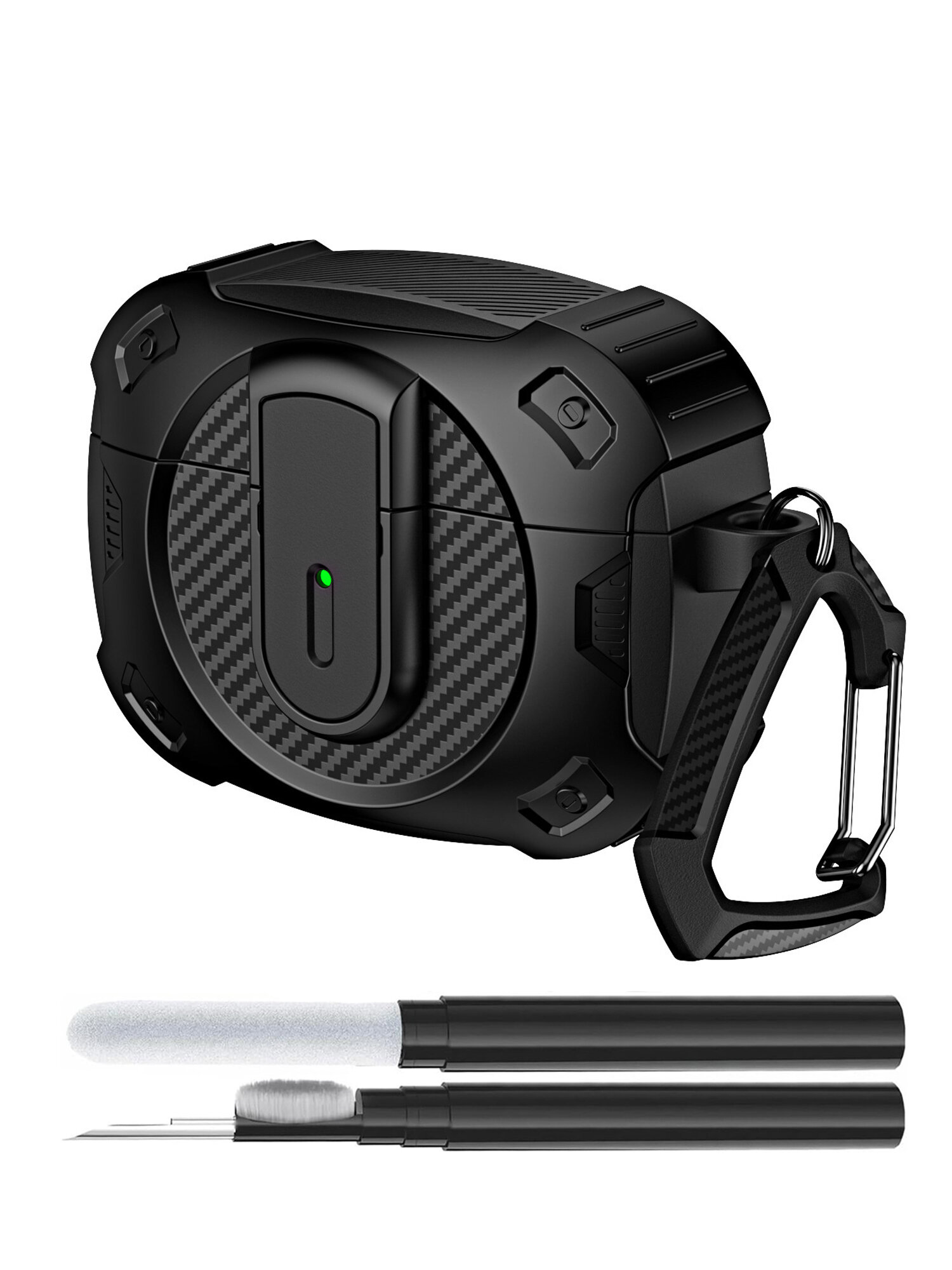 Чехол для наушников AirPods Pro2 (Аирподс Про 2 ) пластиковый с замком и карабином + черная щетка, черный