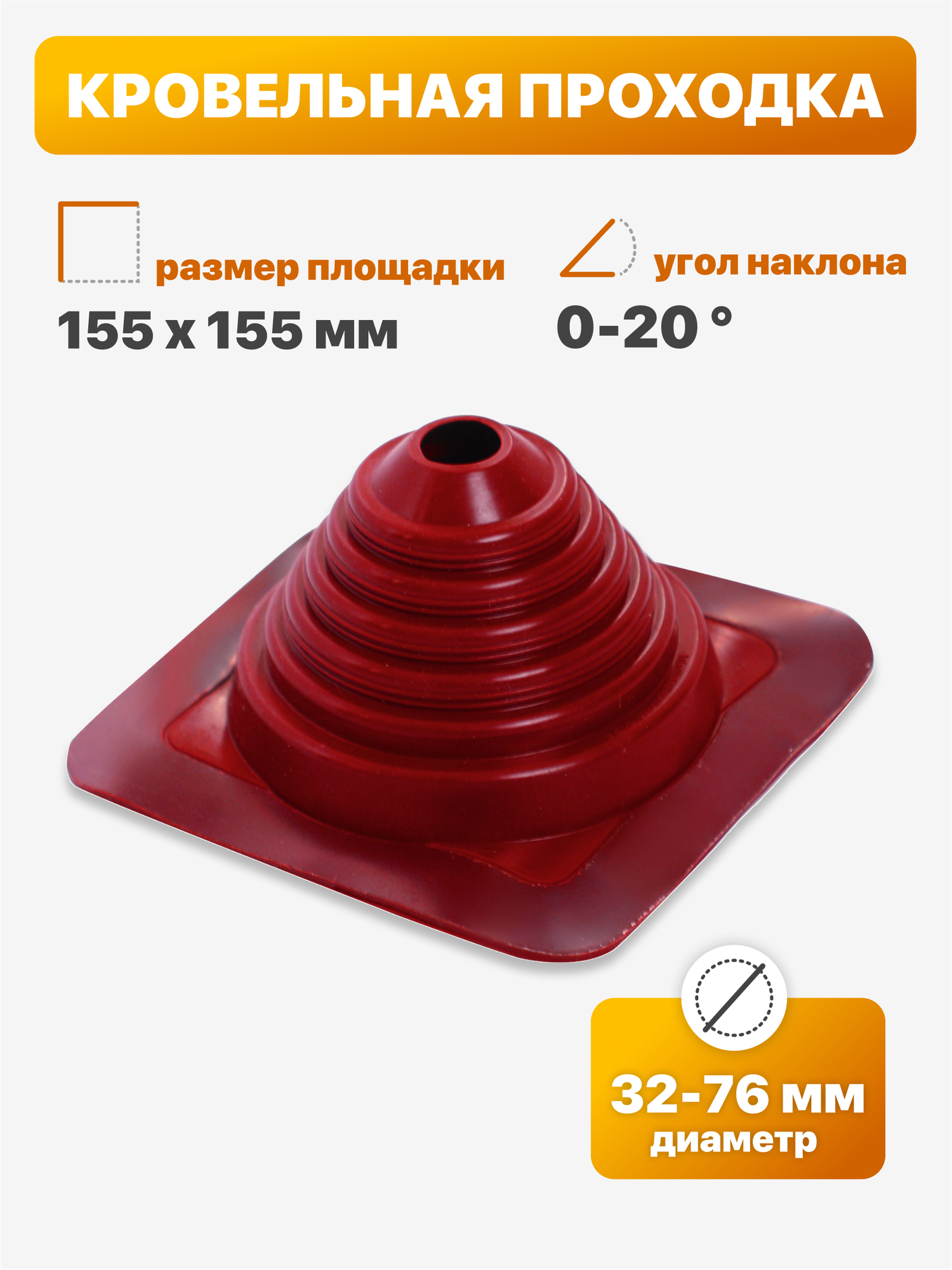 Уплотнитель кровли (кровельная проходка) №12 прямой 32-76мм 155х155мм красный