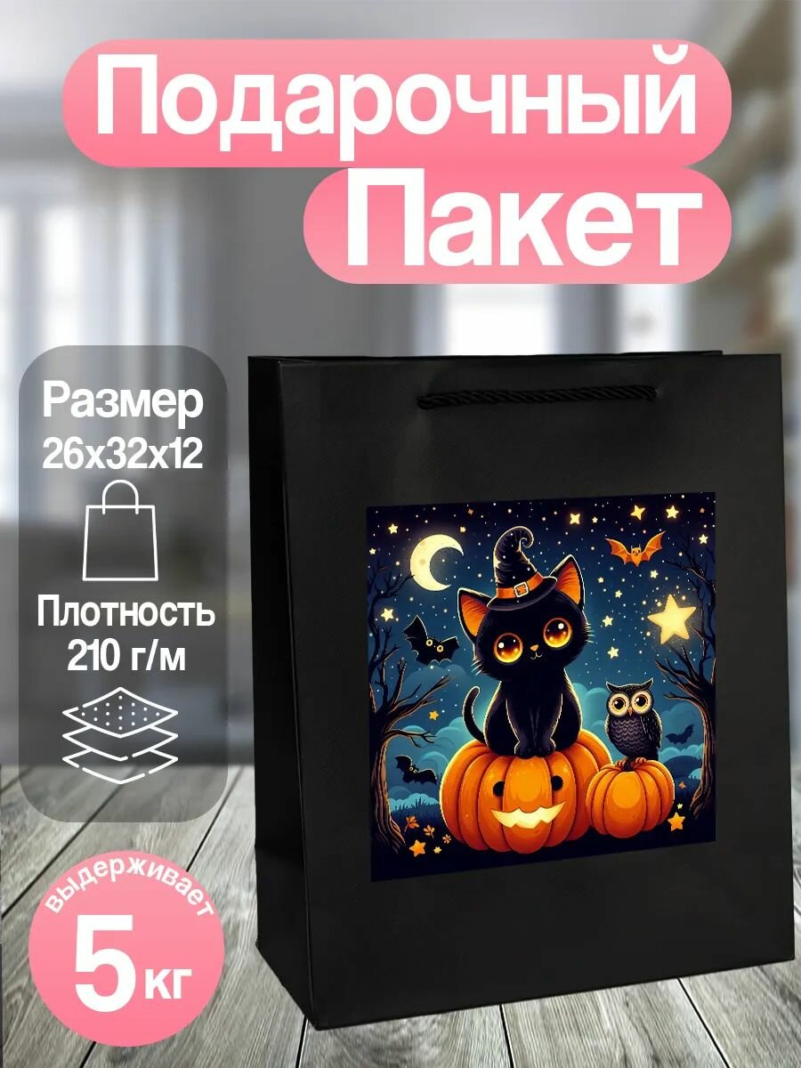 Подарочный пакет большой черный Хэллоуин, упаковка для подарка, 26х31 см