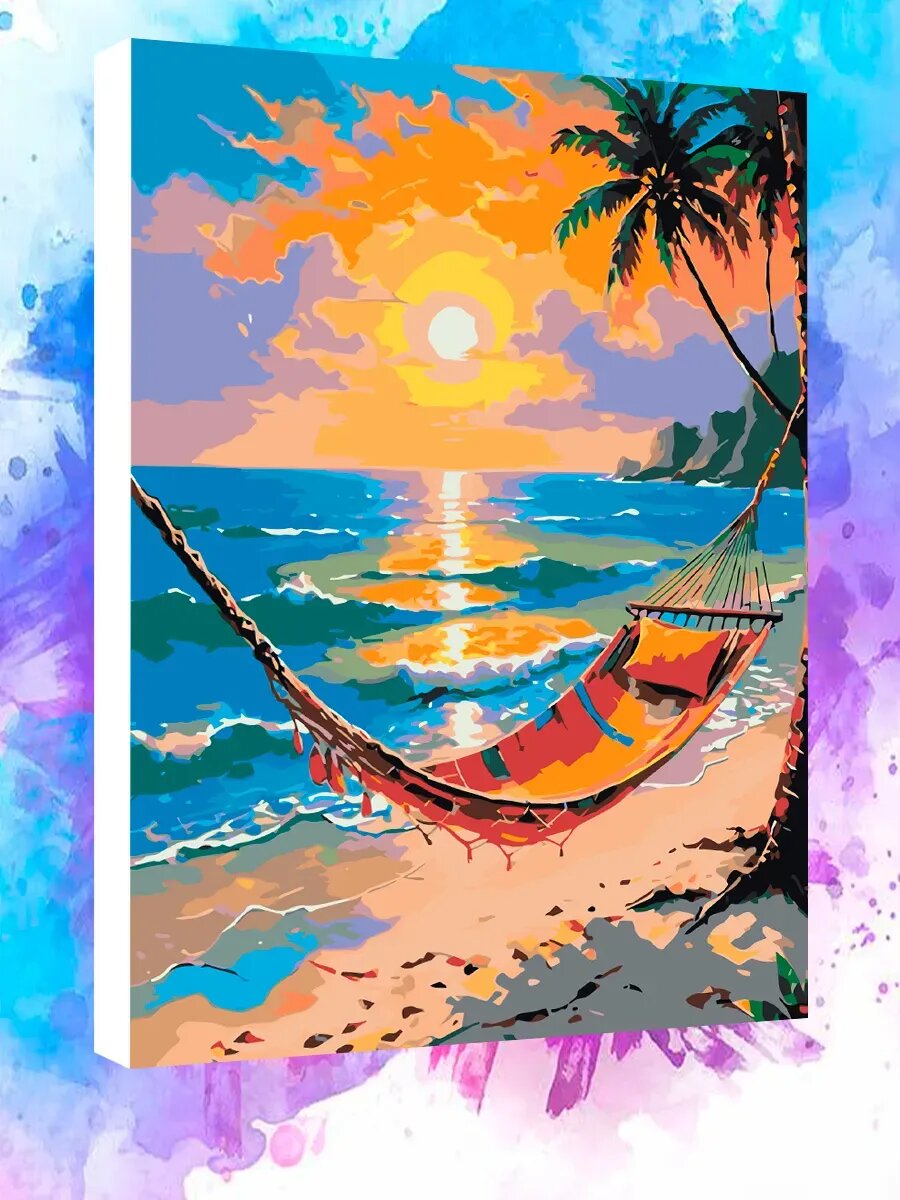 Картина по номерам Пляж Закат_Гамак Море Пальмы_Лето