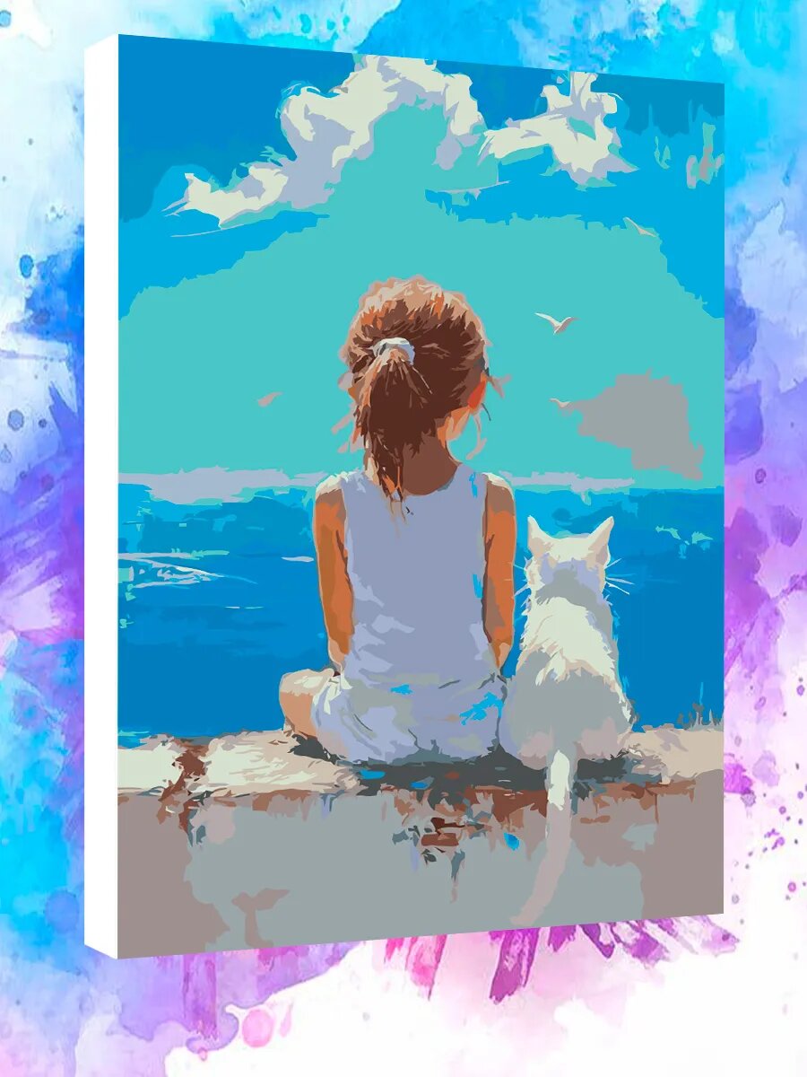 Картина по номерам Девушка Кошка Лето Море