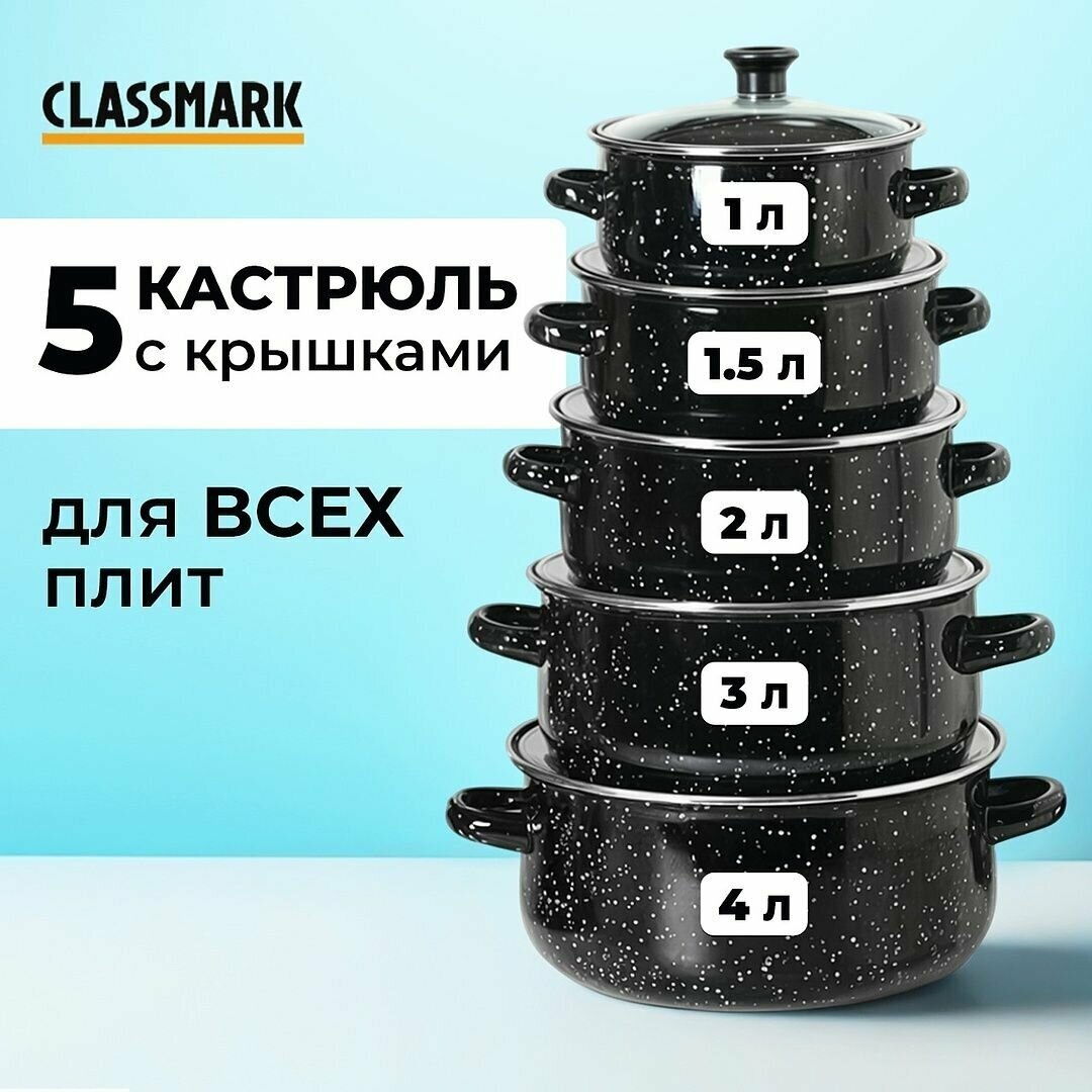 Набор эмалированных кастрюль с крышками , 5 штук