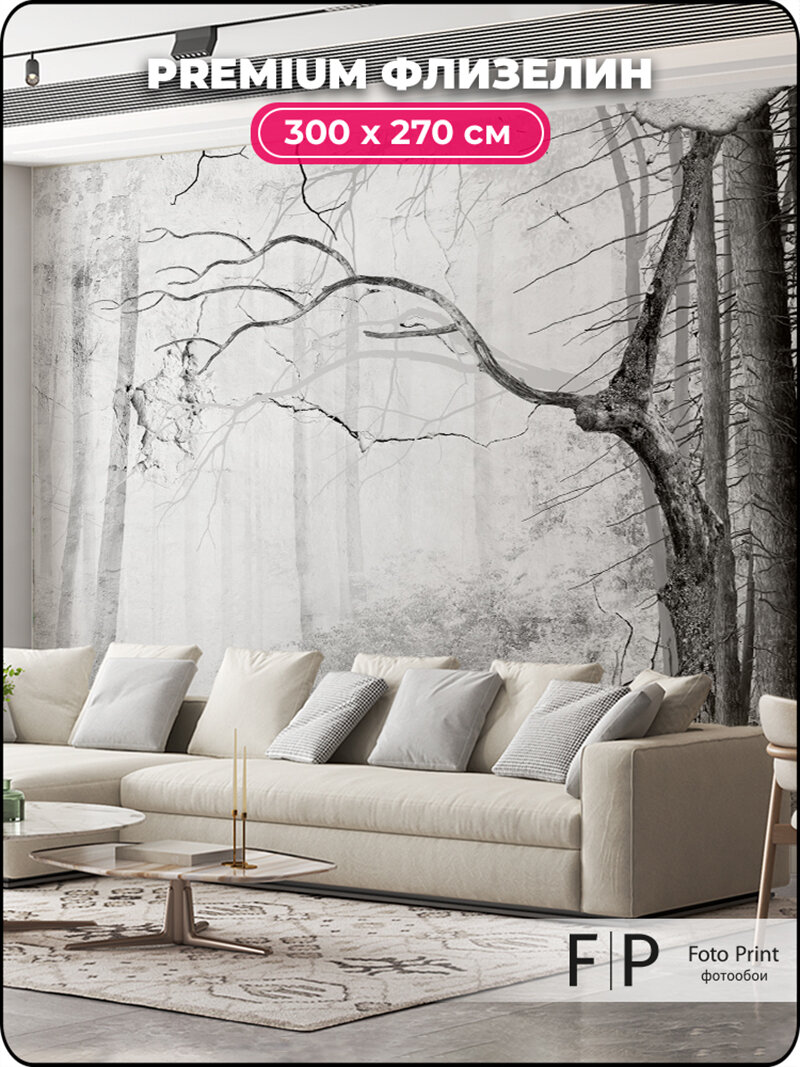 Фотообои на стену "Холодный белый лес" 300x270(ШxВ) см, 3d флизелиновые обои