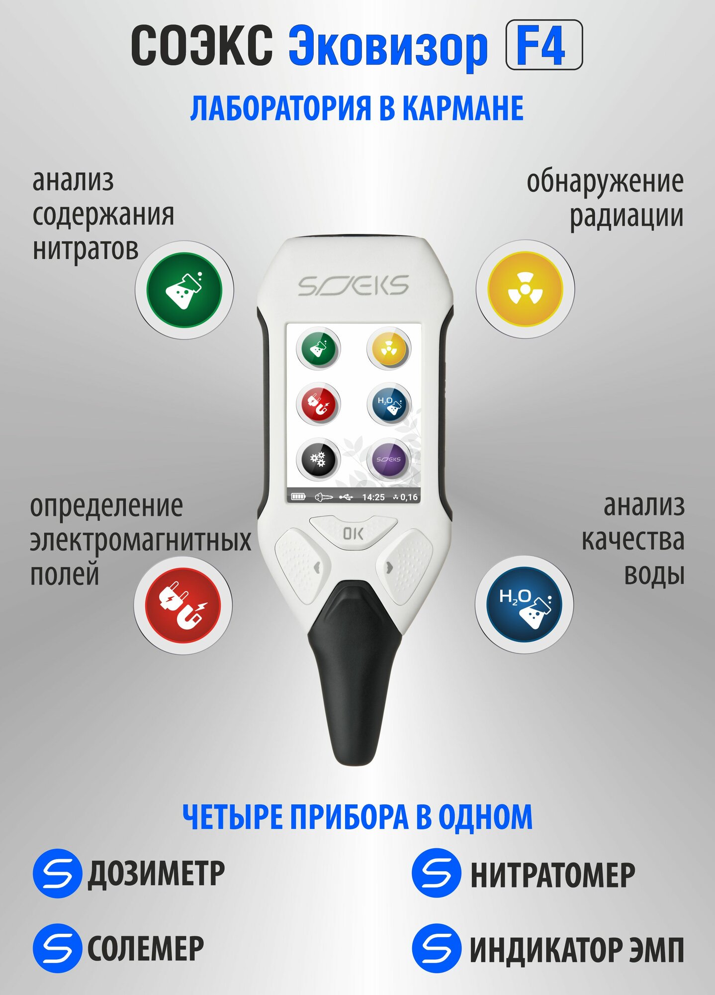 СОЭКС Эковизор F4 (Дозиметр. Нитрат-тестер. Оценка качества воды. Индикатор ЭМ-поля)
