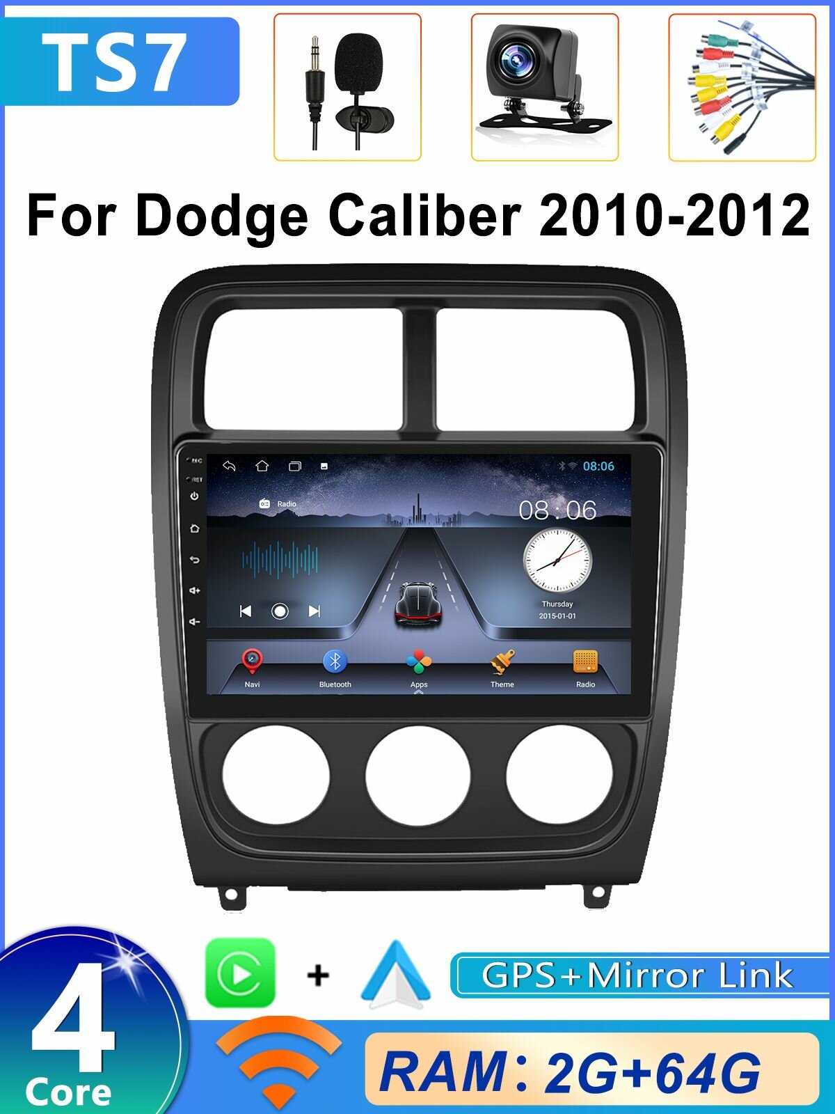 Автомагнитола Android подходит для Dodge Caliber 2010-2012, Bluetooth Wi-Fi Сенсорные кнопки , Серебристый CARPLAY IPS