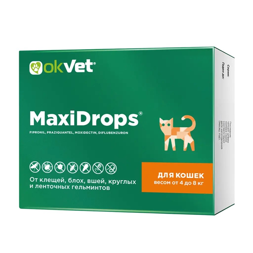 OkVet МаксиДропс капли на холку для кошек весом от 4 до 8 кг 1 мл туба 1 шт