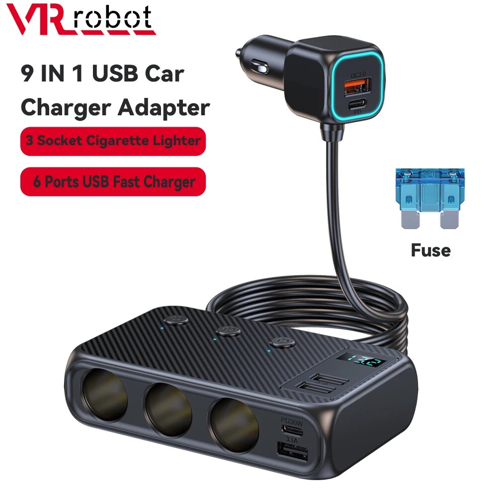 VR Robot 171 Вт 9 в 1, автомобильное зарядное устройство, 3 розетки, разветвитель прикуривателя, адаптер постоянного тока «вкл-выкл» с быстрым USB-зарядным устройством QC3.0 + PD