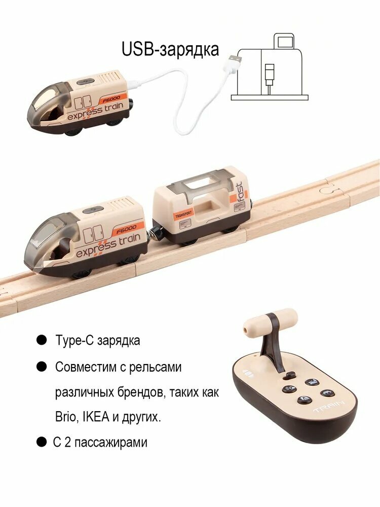 Электрический игрушечный поезд с дистанционным управлением, заряжаемый от USB, совместимый с деревянными или пластиковыми рельсами