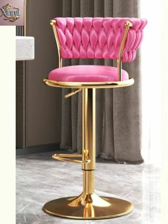 Барный стул на высоких ножках со спинкой, который можно поворачивать, поднимать и опускать, розовый