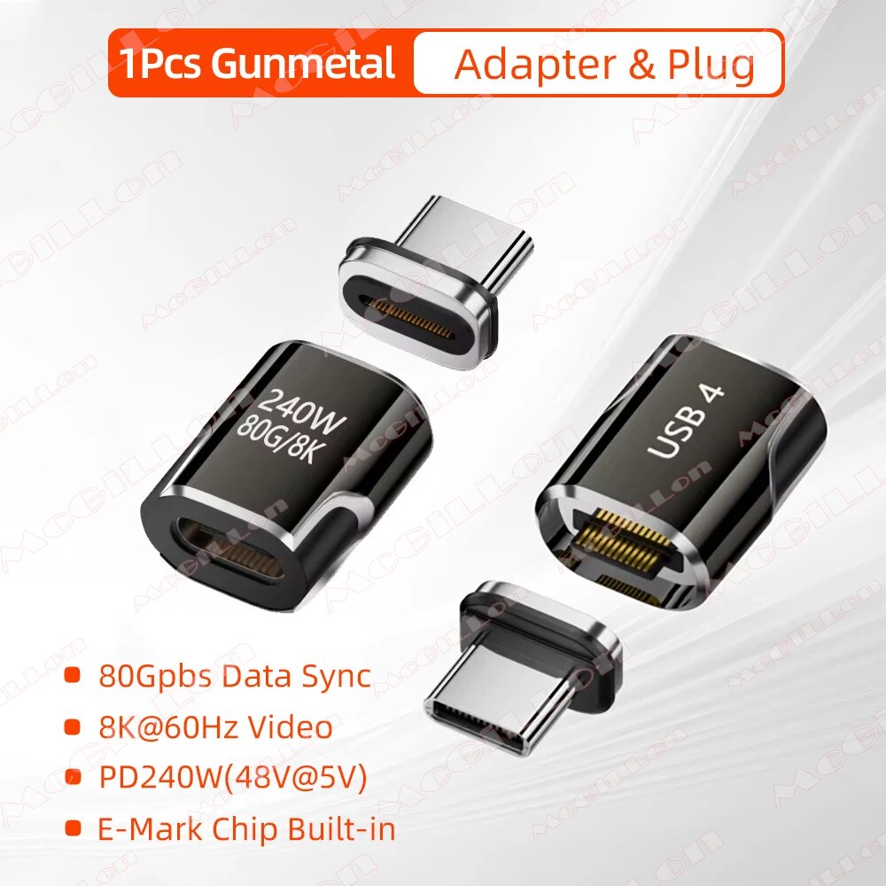 240 Вт USB4.0 80 Гбит/с Thunderbolt5 Магнитный USB-C OTG USB C к USB-C Магнитный преобразователь для быстрой зарядки Кабель 8K@60 Гц USB-адаптер типа C 1Pcs Adapter Gun