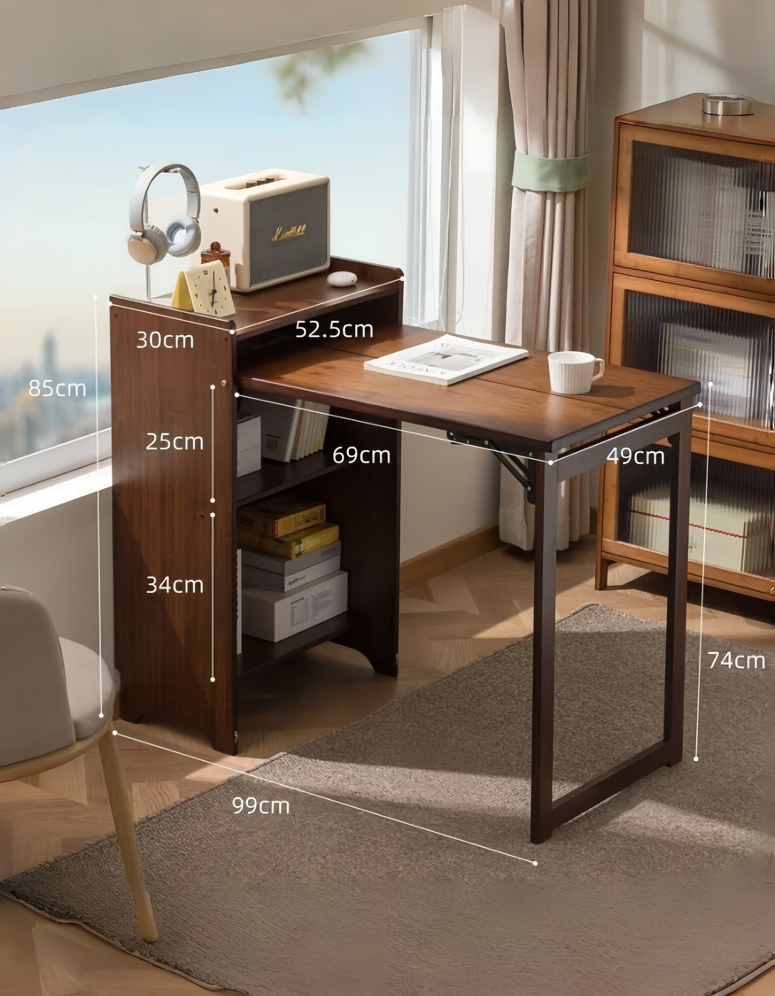 Складной письменный стол со шкафом, для небольших квартир и арендуемого жилья,30,52.5, коричнево-красный