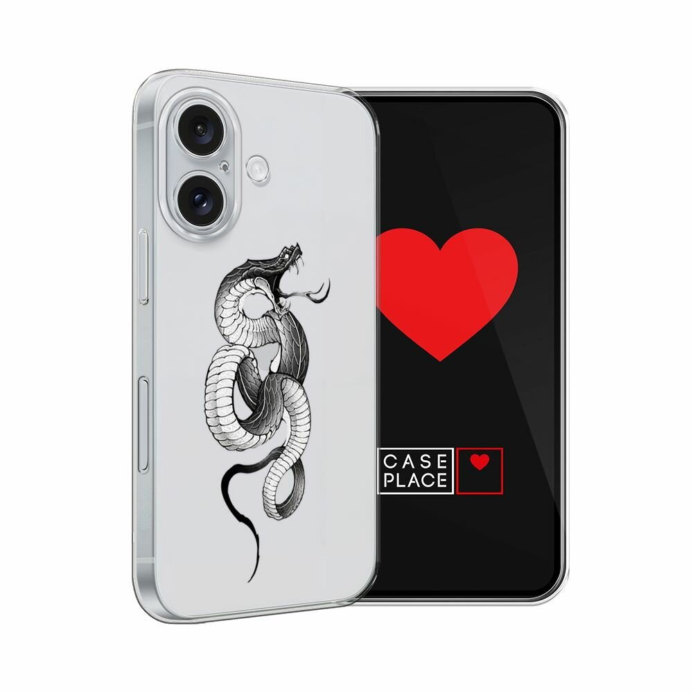 Чехол на Apple iPhone 16 / Айфон 16 с принтом Монохромная змея рисунок, прозрачный — фото 1