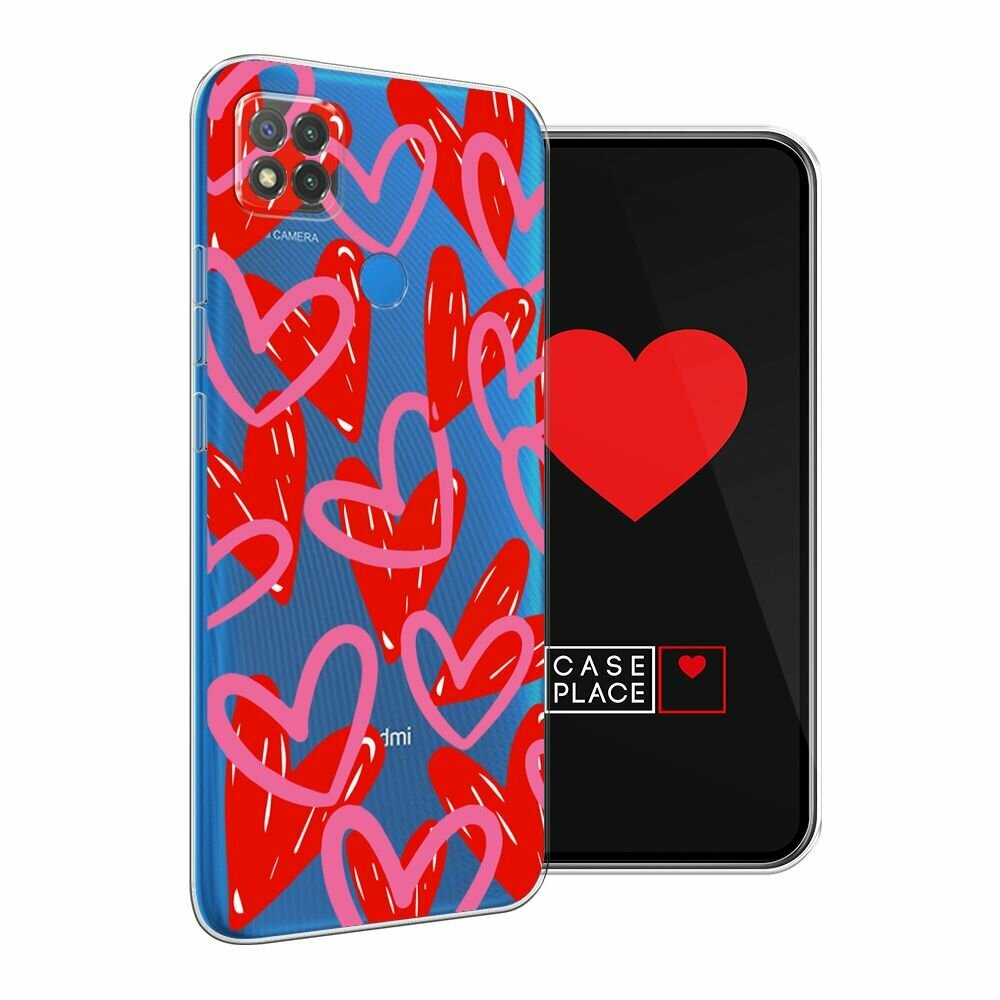 Чехол на Xiaomi Redmi 9C / Сяоми Редми 9C с принтом "Hearts doodles - 14 февраля", прозрачный — фото 1
