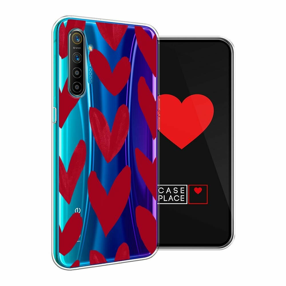 Чехол на Realme XT / Реалми XT с принтом "Красные сердечки рисунок - 14 февраля", прозрачный — фото 1